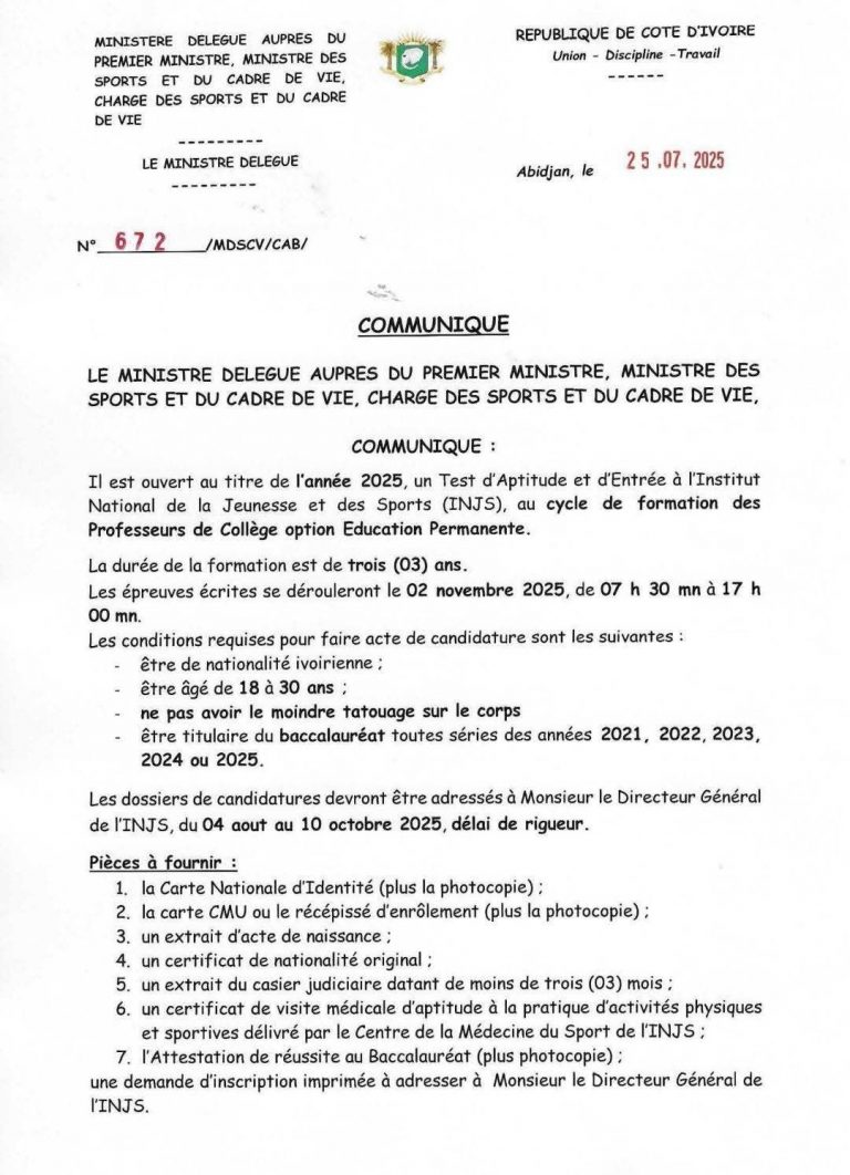 Concours de l’INJS 2025 est ouvert – Ablanian.com